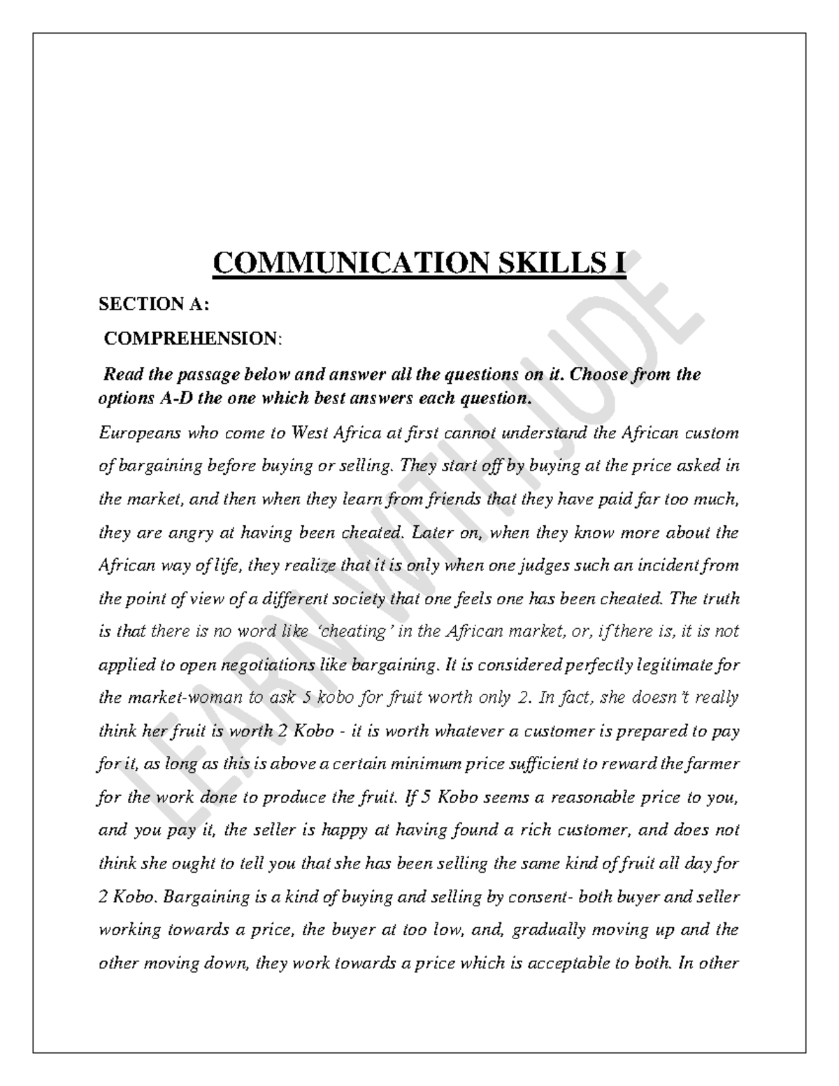 COMMUNICATION SKILLS LECTURE NOTE - COMMUNICATION SKILLS I SECTION A ...
