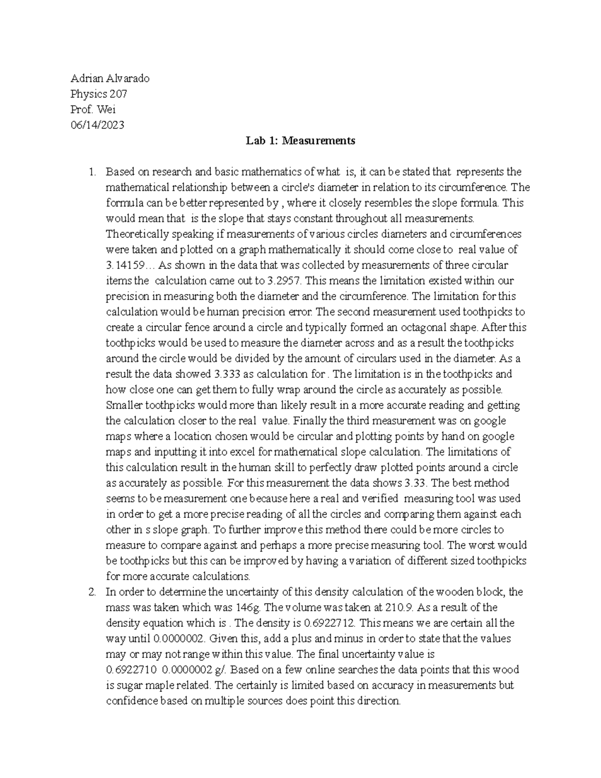 Physics 207 - Lab 1 - Measurements - Adrian Alvarado Physics 207 Prof ...