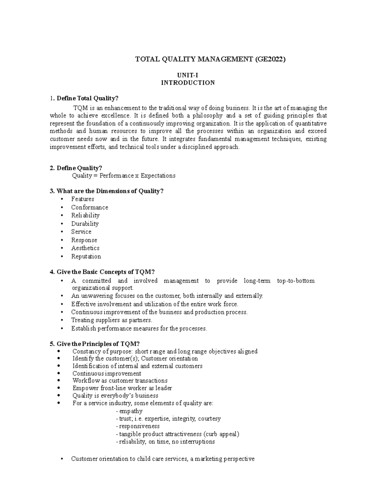 Total Quality Management QB - TOTAL QUALITY MANAGEMENT (GE2022) UNIT-I ...