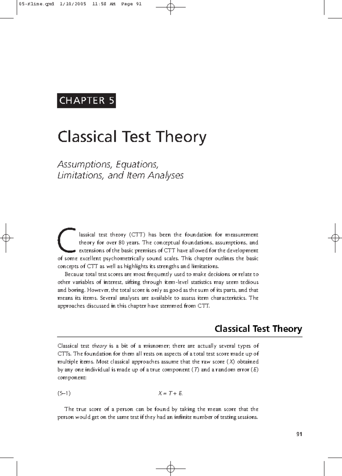 4869 Kline Chapter 5 Classical Test Theory - 91 Classical Test Theory ...