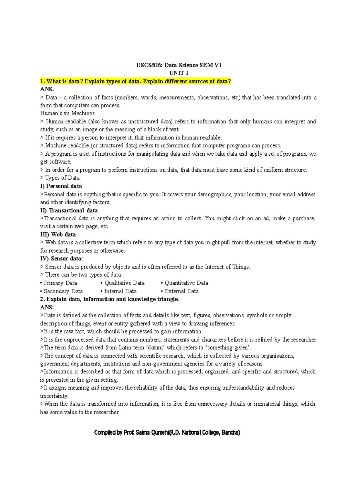 Data Science Notes - BTECH - Studocu