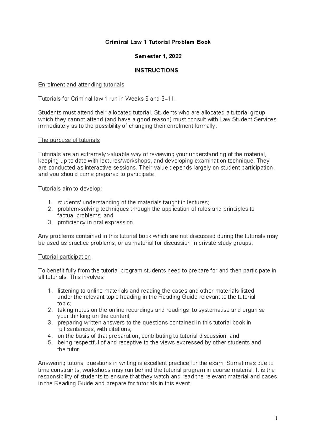 LAW1114 Tutorial Problem Book Sem 1 2022 - 1 Criminal Law 1 Tutorial ...