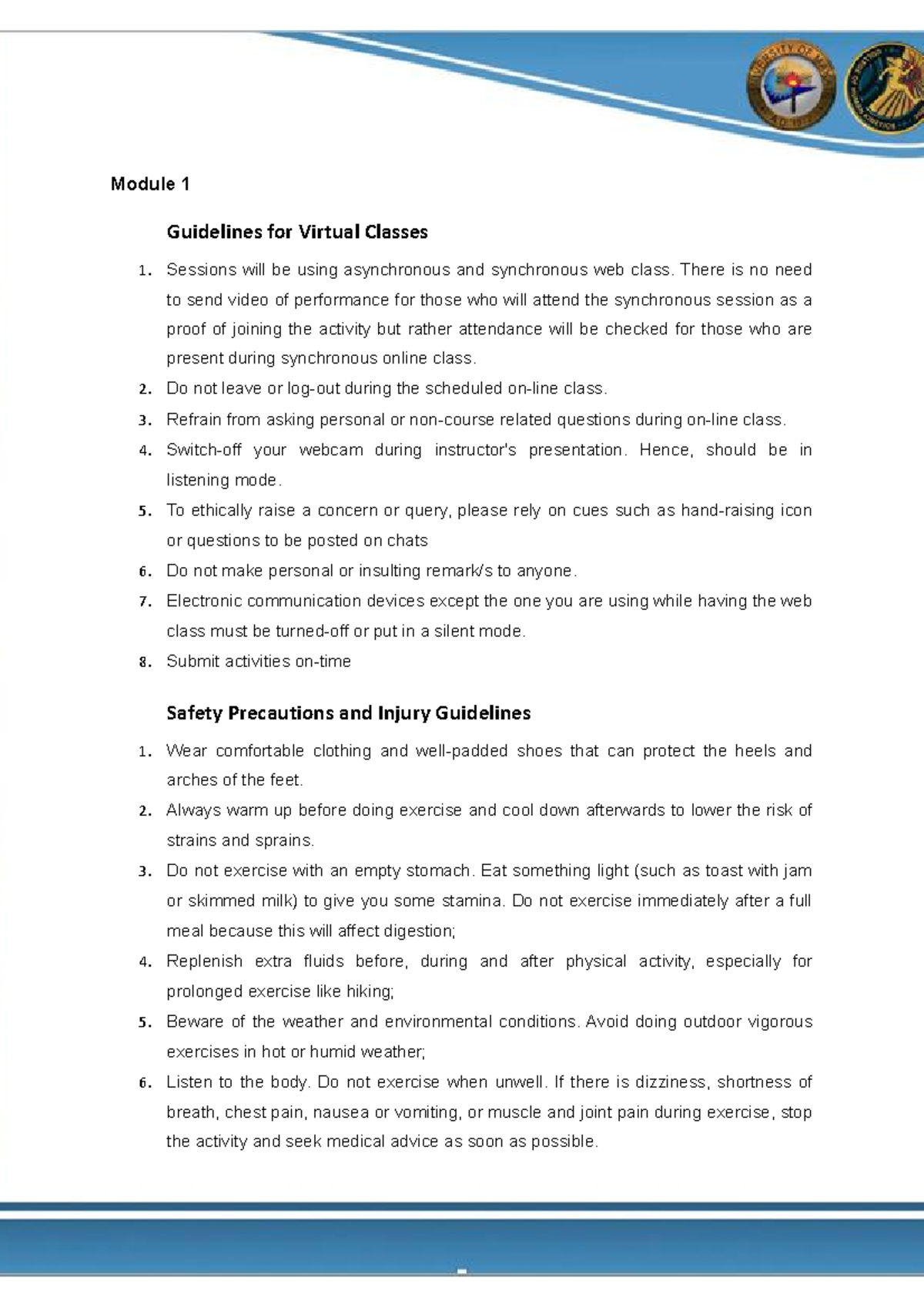 PE 1 Module - Module 1 Guidelines for Virtual Classes Sessions will be ...