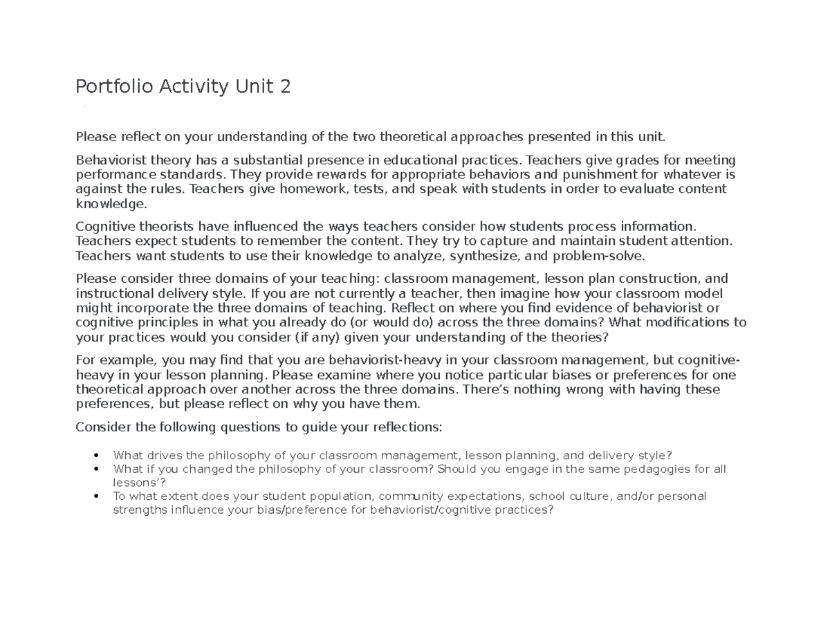 Portfolio activity 2 - Portfolio Activity Unit 2 Please reflect on your ...