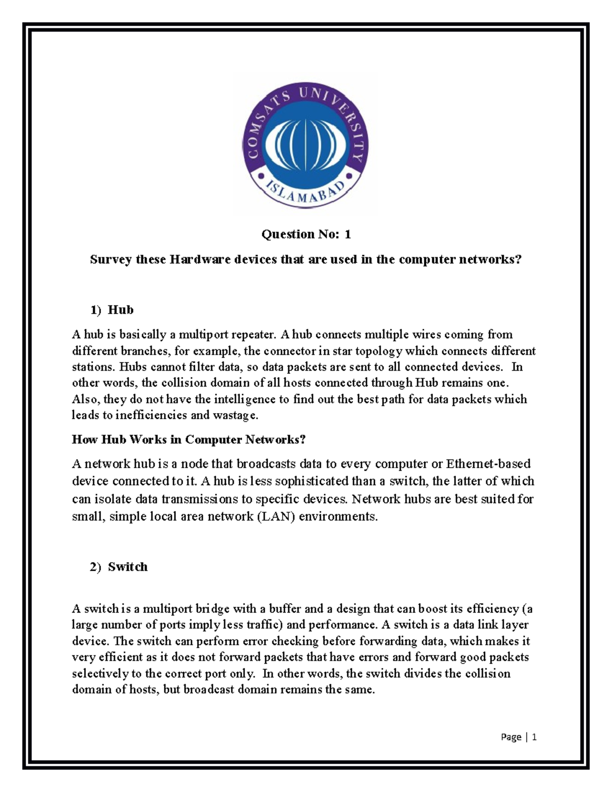 Dccn Ass 3 Dccn Assignments Question No 1 Survey These Hardware Devices That Are Used In