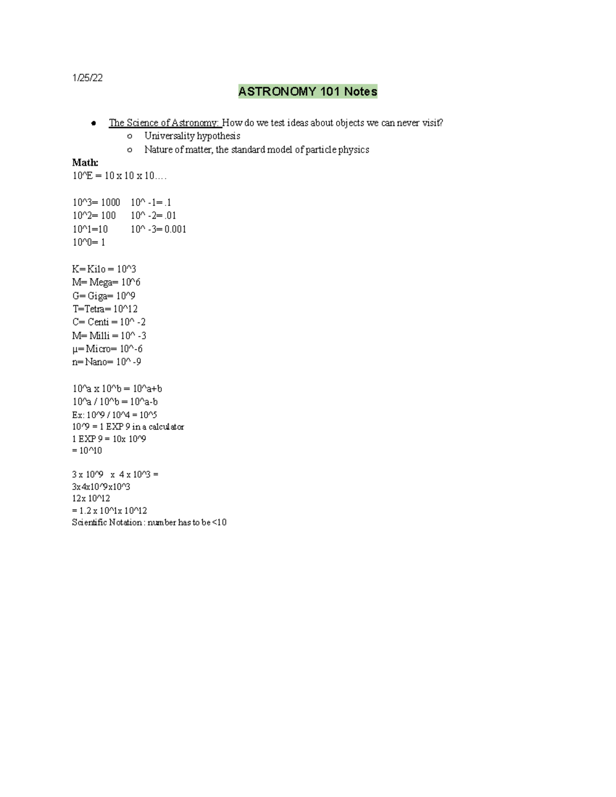 Astro 101 - 1/25/ ASTRONOMY 101 Notes The Science of Astronomy: How do ...