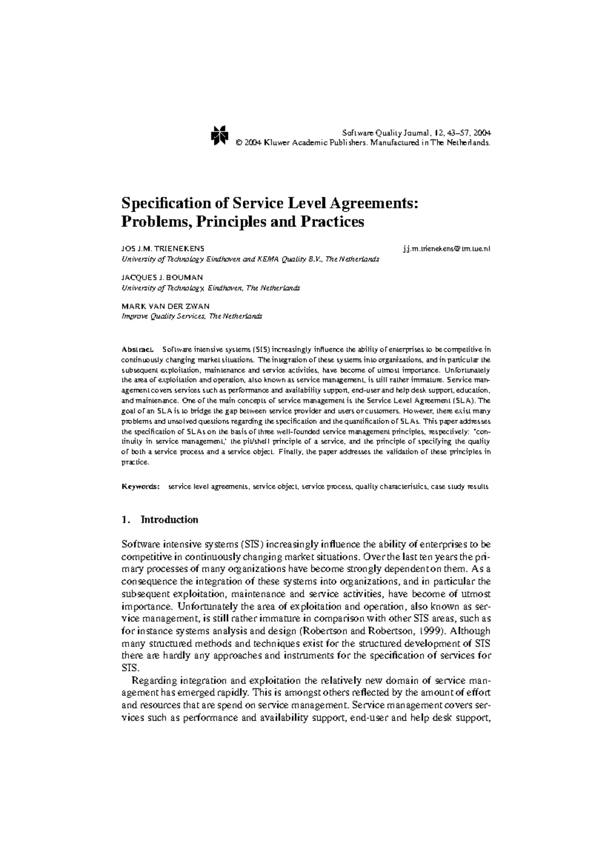 Specification of Service Level - Software Quality Journal, 12, 43–57 ...