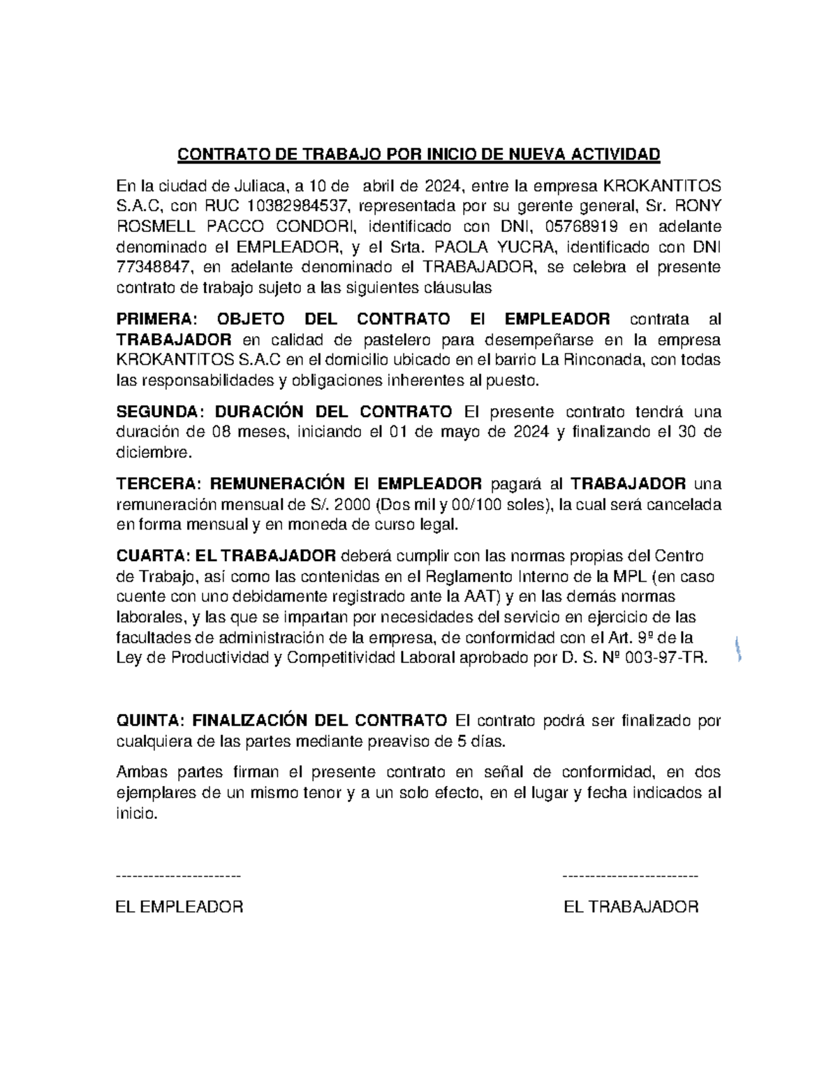 Contrato DE Trabajo POR Inicio DE Nueva Actividad - CONTRATO DE TRABAJO POR INICIO DE NUEVA ...