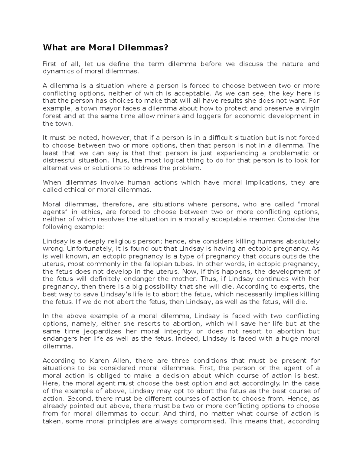 Handout 3 - Moral Dilemma - What are Moral Dilemmas? First of all, let ...