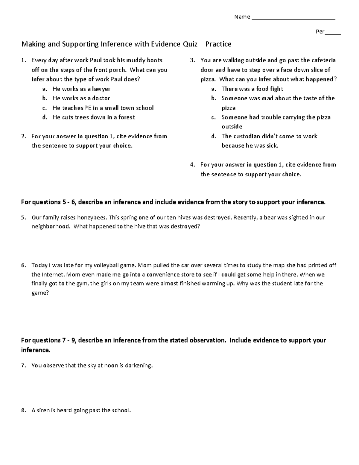 Inference Assessment - Practise - Making and Supporting Inference with ...