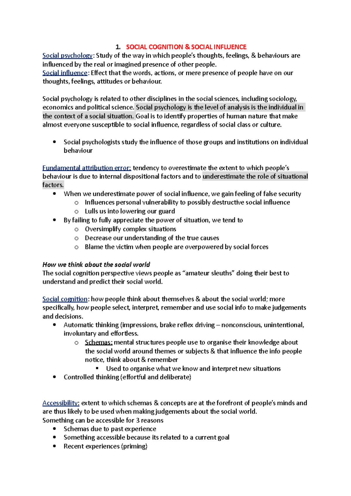 PSY Notes - Lecture 1-5 - 1. SOCIAL COGNITION & SOCIAL INFLUENCE Social ...