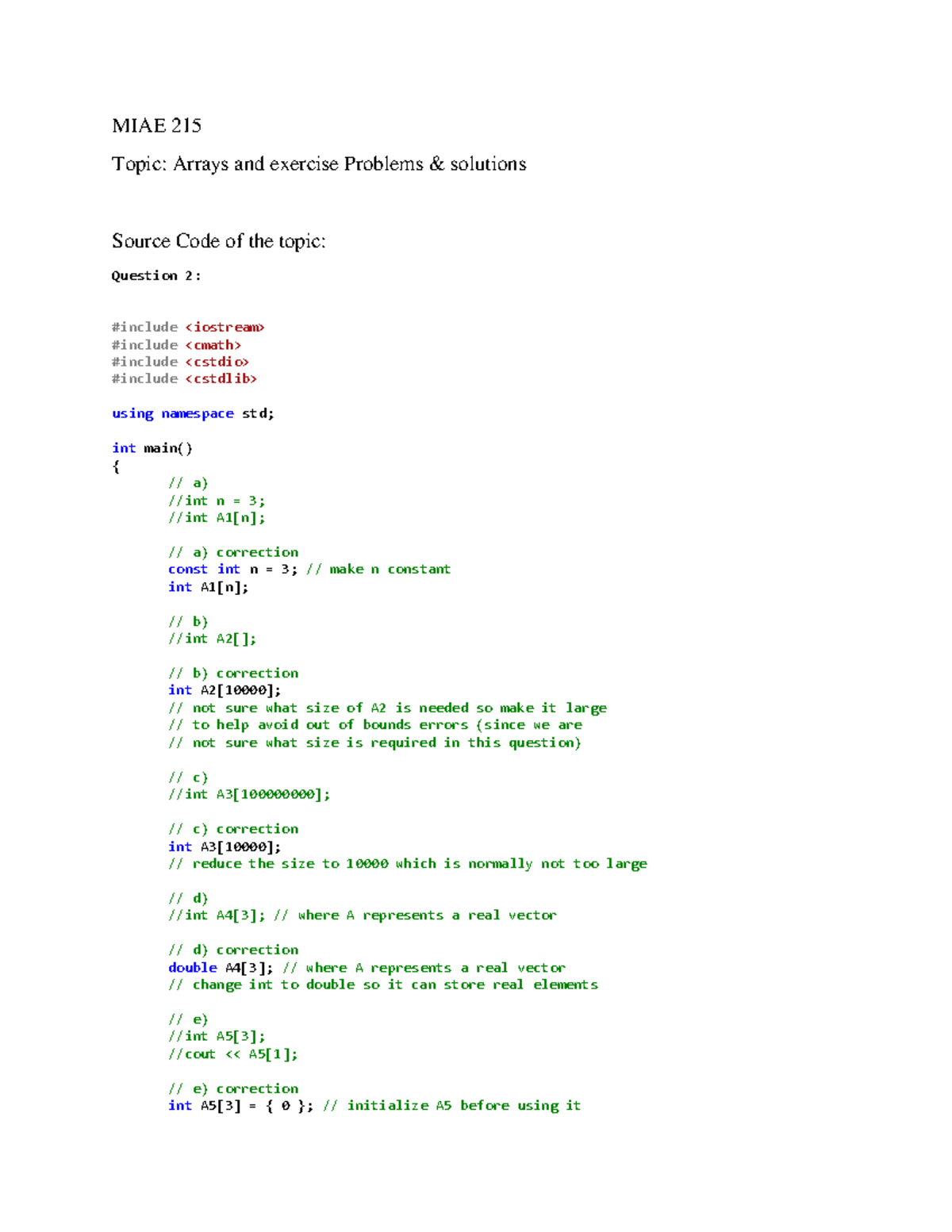215 P1 q2 - 215 topic part1 Arrays exercise Fall21 - MIAE 215 Topic ...