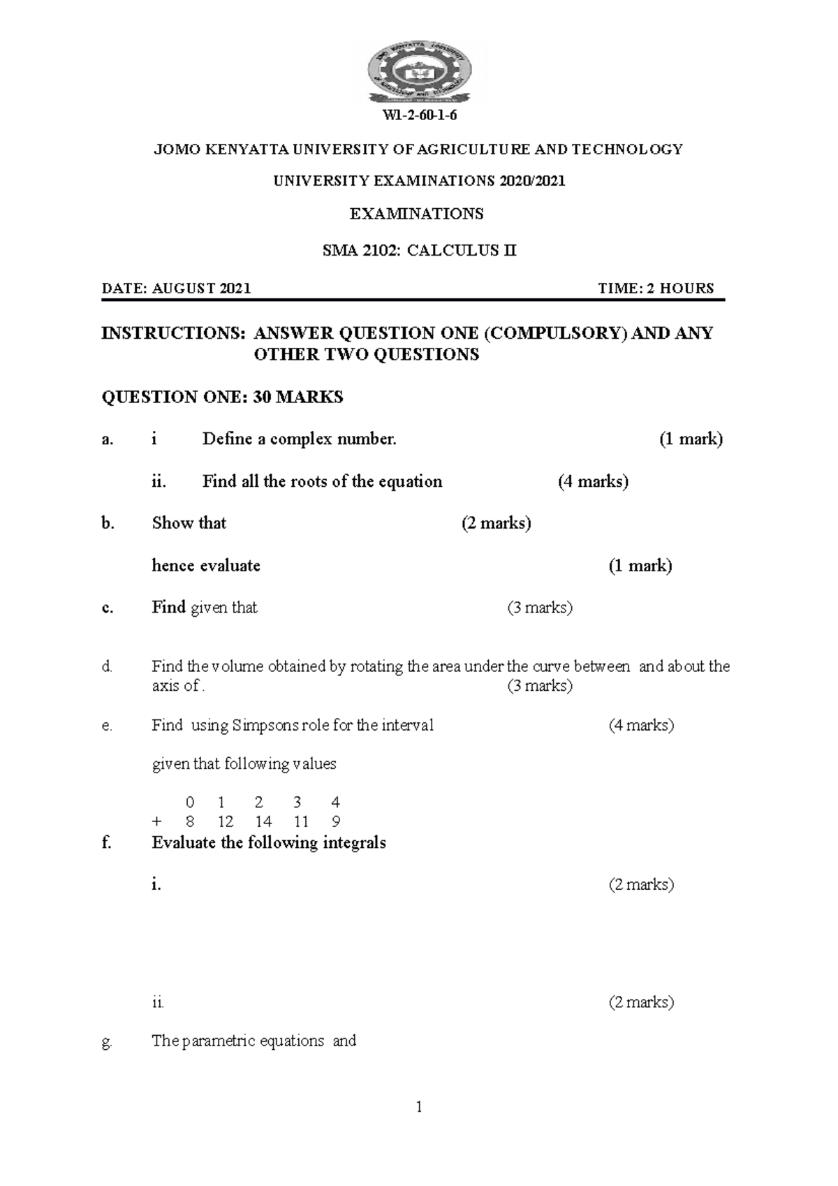 SMA 2102 Calculus IId - W1-2-60-1- JOMO KENYATTA UNIVERSITY OF AGRICULTURE AND TECHNOLOGY ...