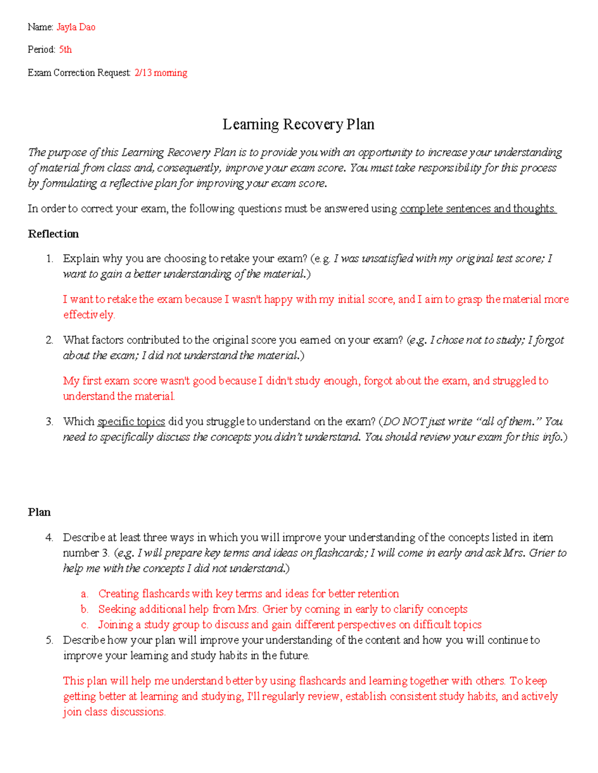 Copy of Learning Recovery Plan - Name: Jayla Dao Period: 5th Exam ...