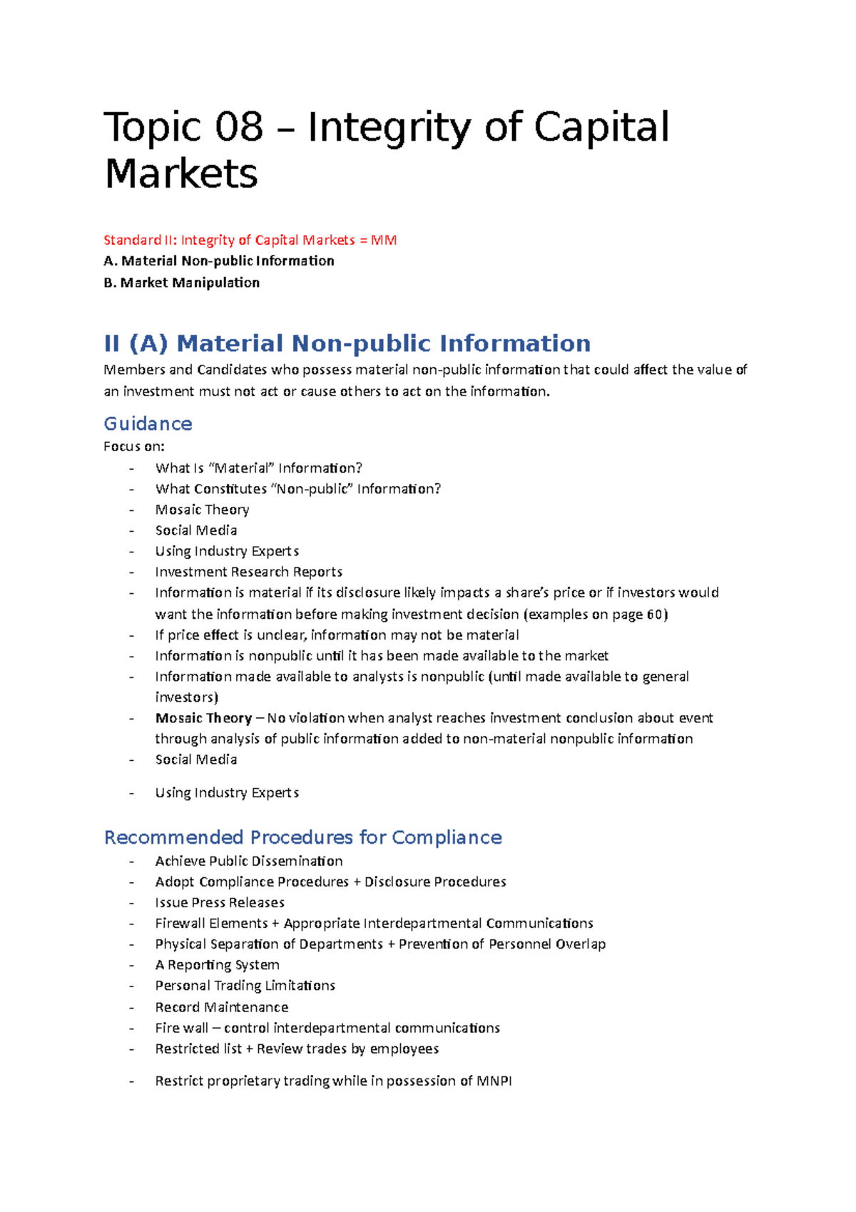 Standard II Integrity of Capital Markets - Topic 08 – Integrity of ...