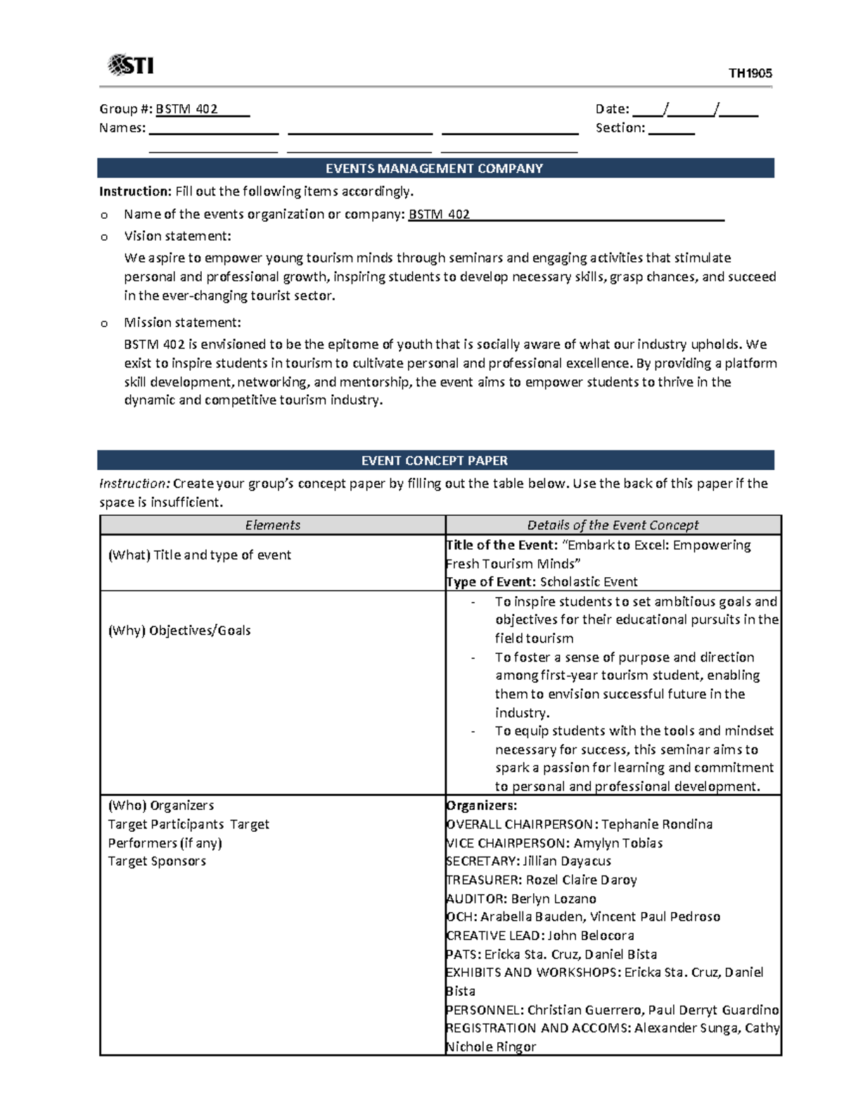 02 Laboratory Worksheet 2-Revised-Event-Proposal-1 - TH Group #: BSTM ...