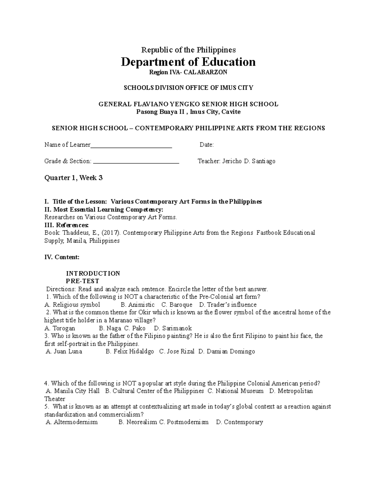 Week-3 - asdfgh - Republic of the Philippines Department of Education ...