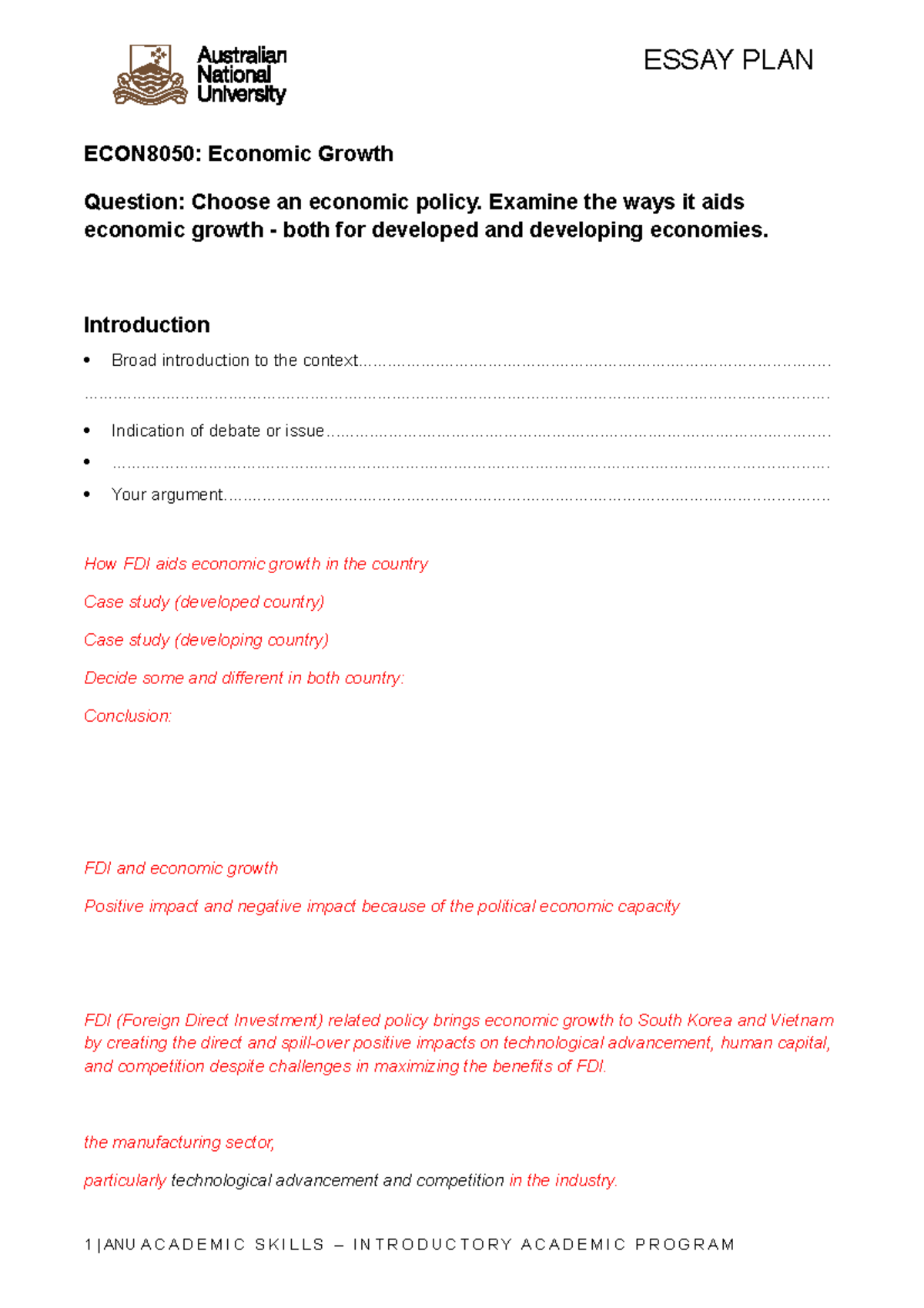 Handout - Essay Plan - ESSAY PLAN ECON8050: Economic Growth Question ...