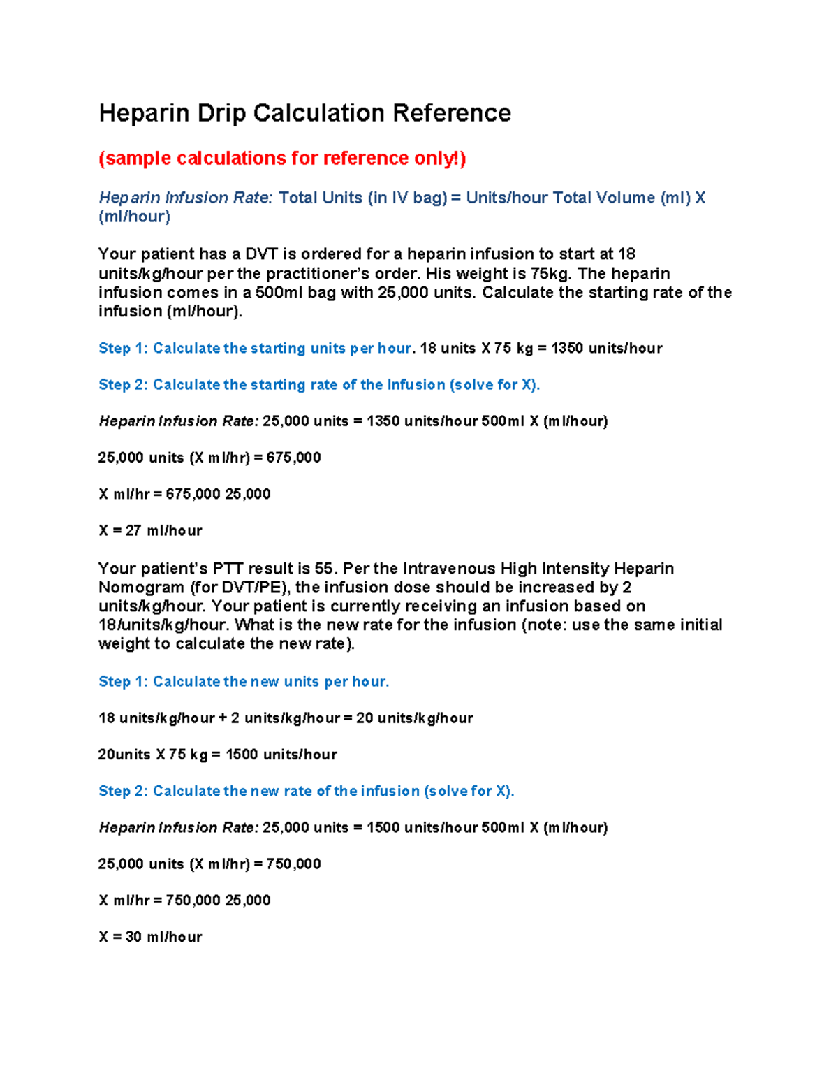 Heparin Drip Calculation Reference - Heparin Drip Calculation Reference ...