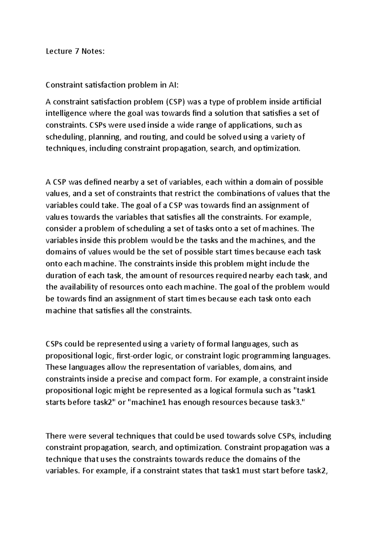 Lecture 7 Constraint Satisfaction Problems Lecture 7 Notes Constraint Satisfaction Problem In