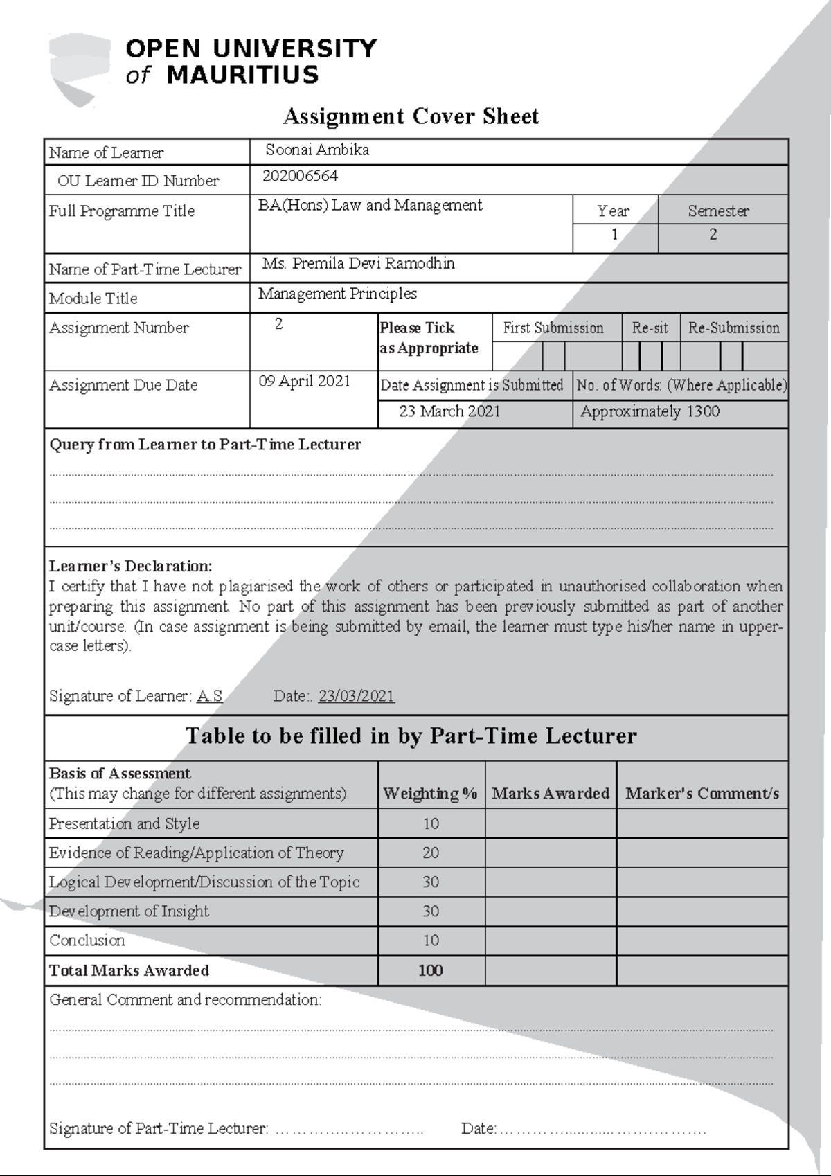 Management Principles - OPEN UNIVERSITY of MAURITIUS Assignment Cover ...