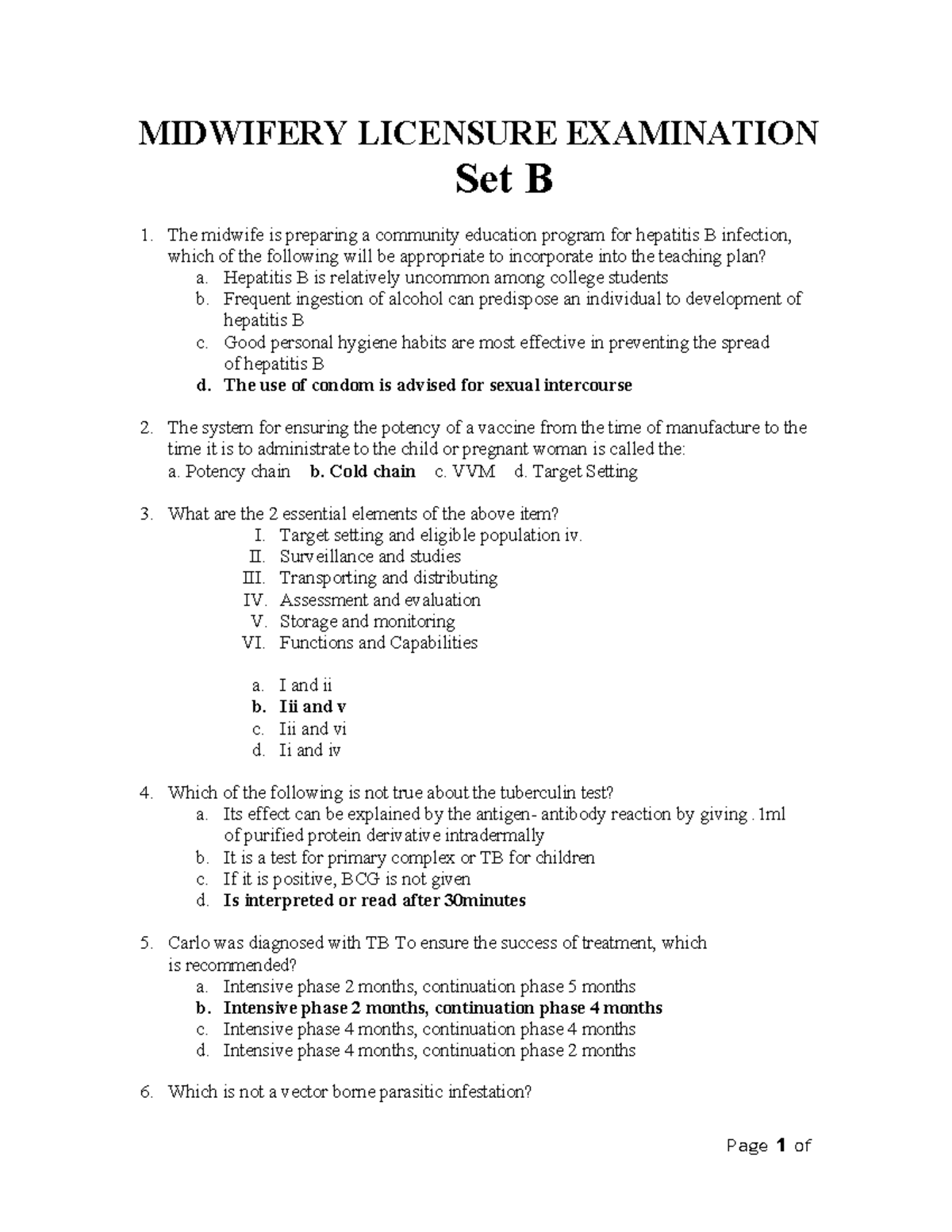 Answer key intraboard b - Page 1 of 14 MIDWIFERY LICENSURE EXAMINATION ...