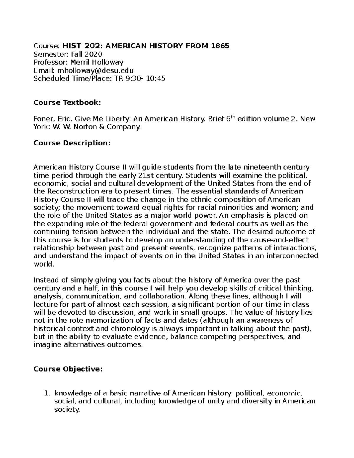 HIST 202 Syllubus Fall 2020 (1) - Course: HIST 202: AMERICAN HISTORY ...