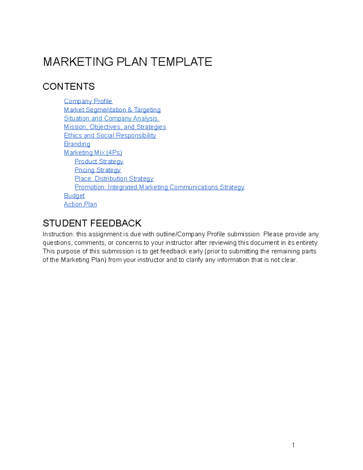 MKTG 101 Marketing Plan Template - MARKETING PLAN TEMPLATE CONTENTS ...