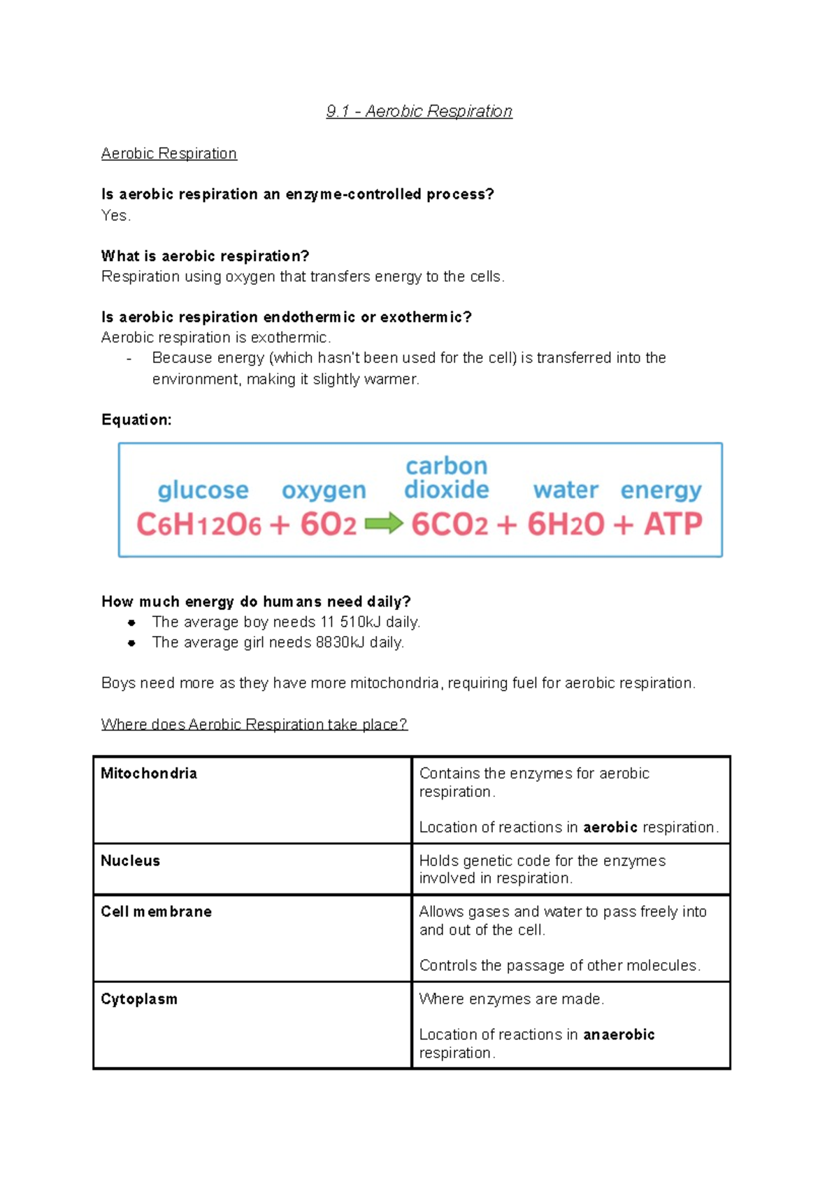 Respiration - Biology Unit 9 - 9 - Aerobic Respiration Aerobic ...