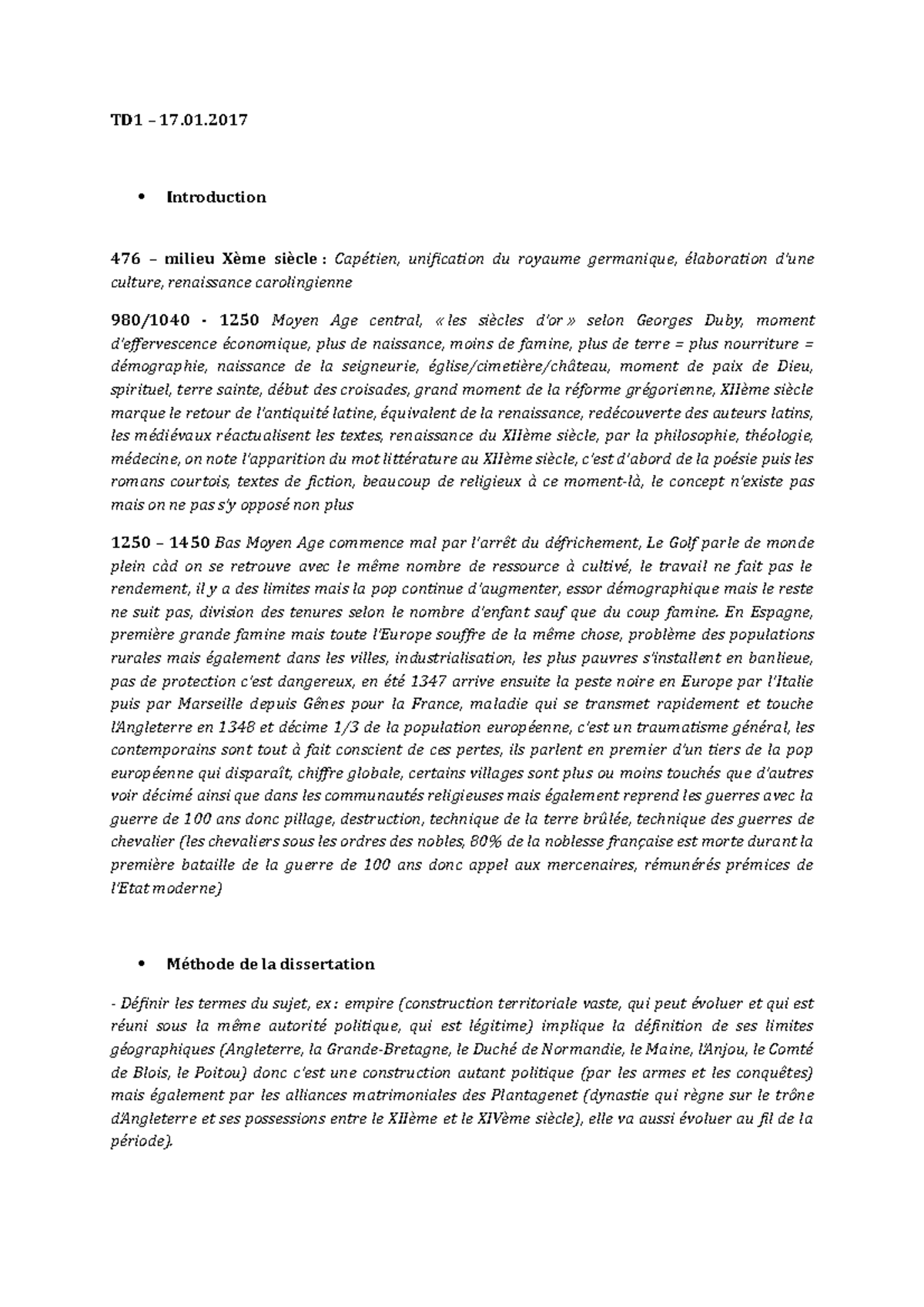 Médiéval TD - Notes de cours S4 - TD1 17.01 Introduction 476 milieu ...