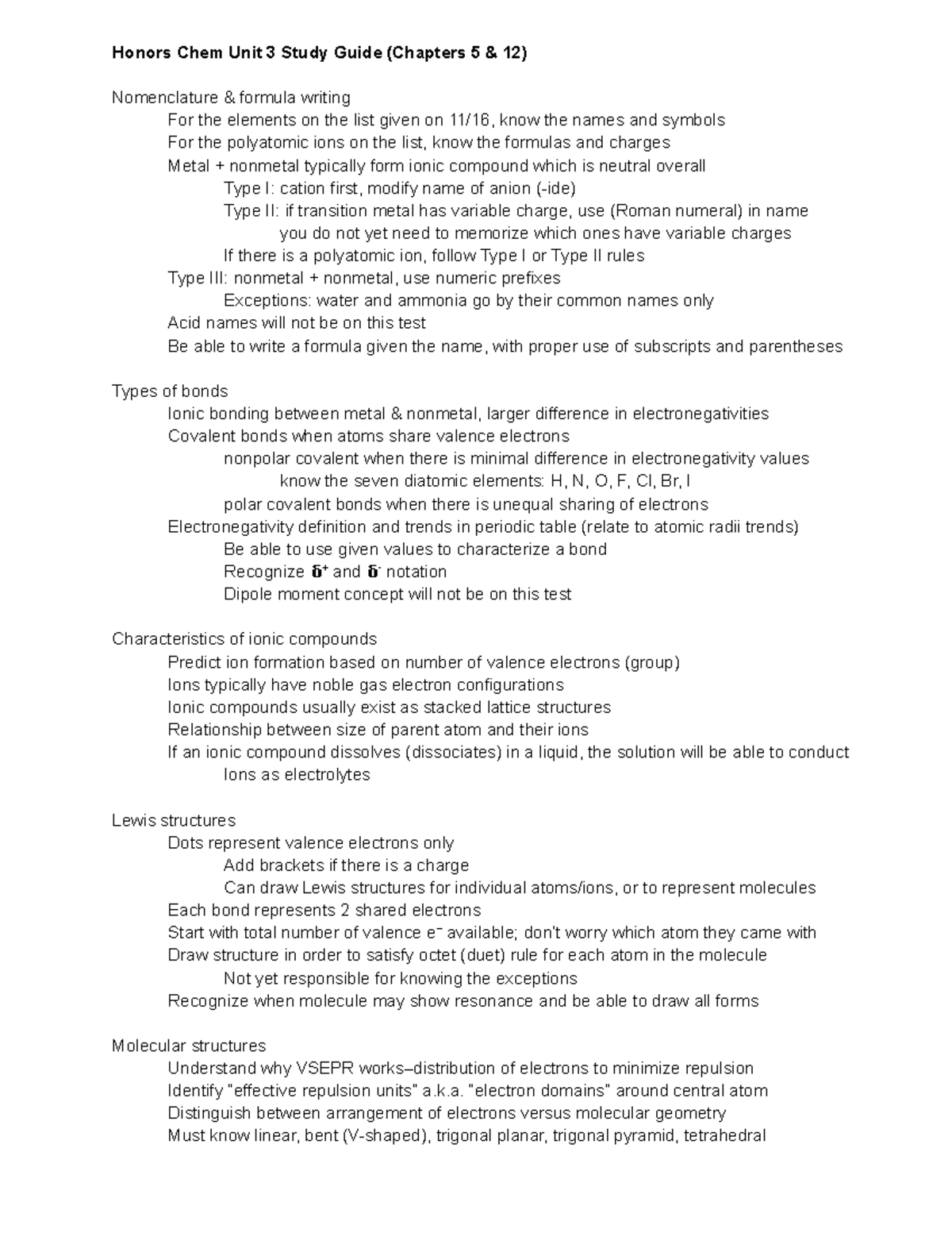 Honors Chem Unit 3 Study Guide - Honors Chem Unit 3 Study Guide ...