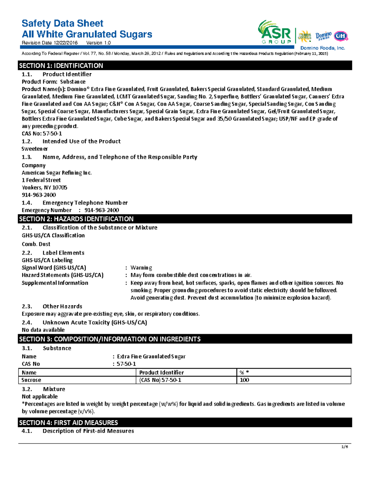 Sugar EFG SDS - All White Granulated Sugars Revision Date 12/22/2016 ...
