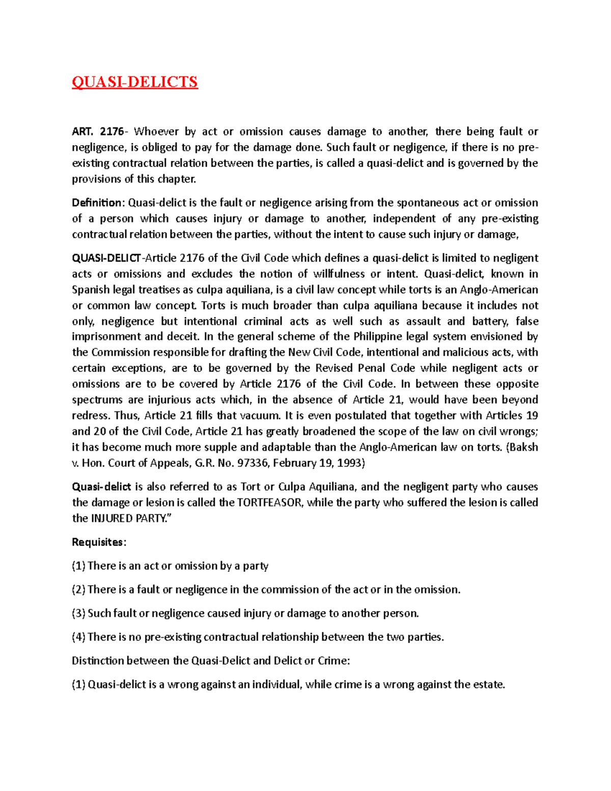 Quasi- Delicts - ART. Whoever act or omission causes damage to another ...