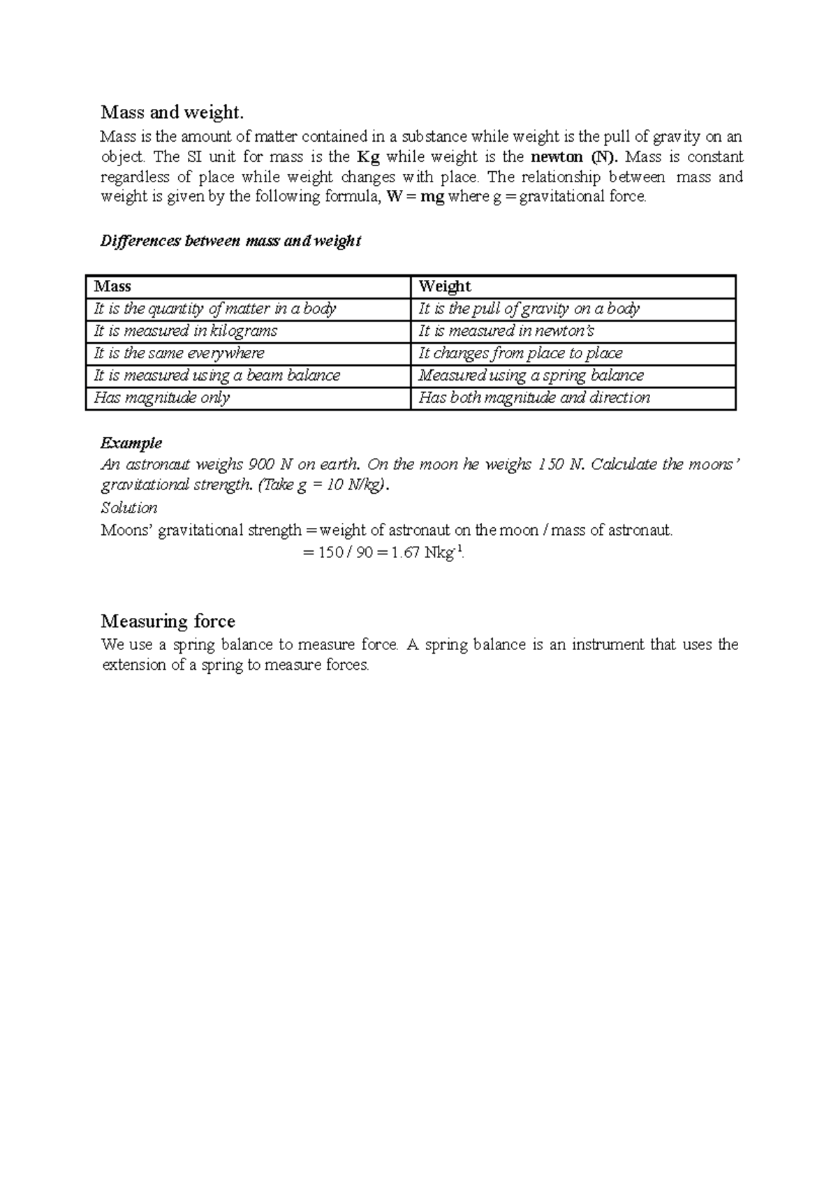 Physics-class notes part-2 - Mass and weight. Mass is the amount of ...