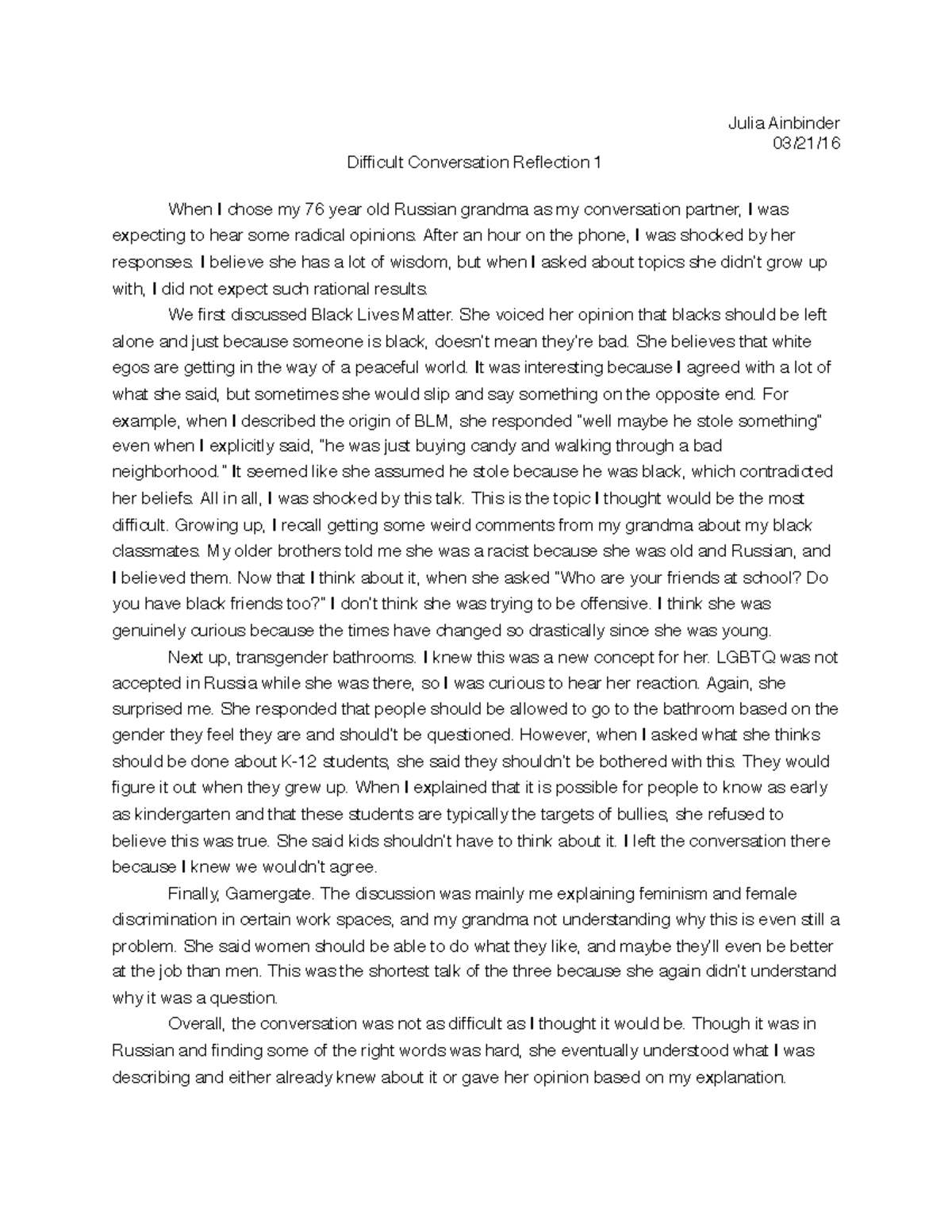 Difficult Conversation Reflection 1 - Julia Ainbinder 03/21/ Difficult ...