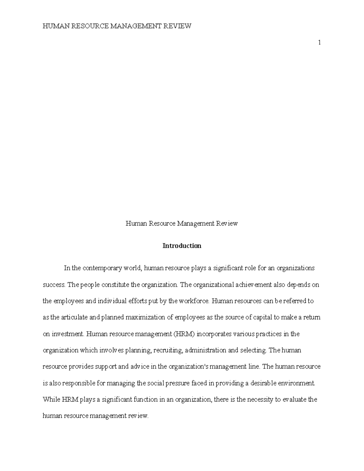 Final - 1 Human Resource Management Review Introduction In the ...