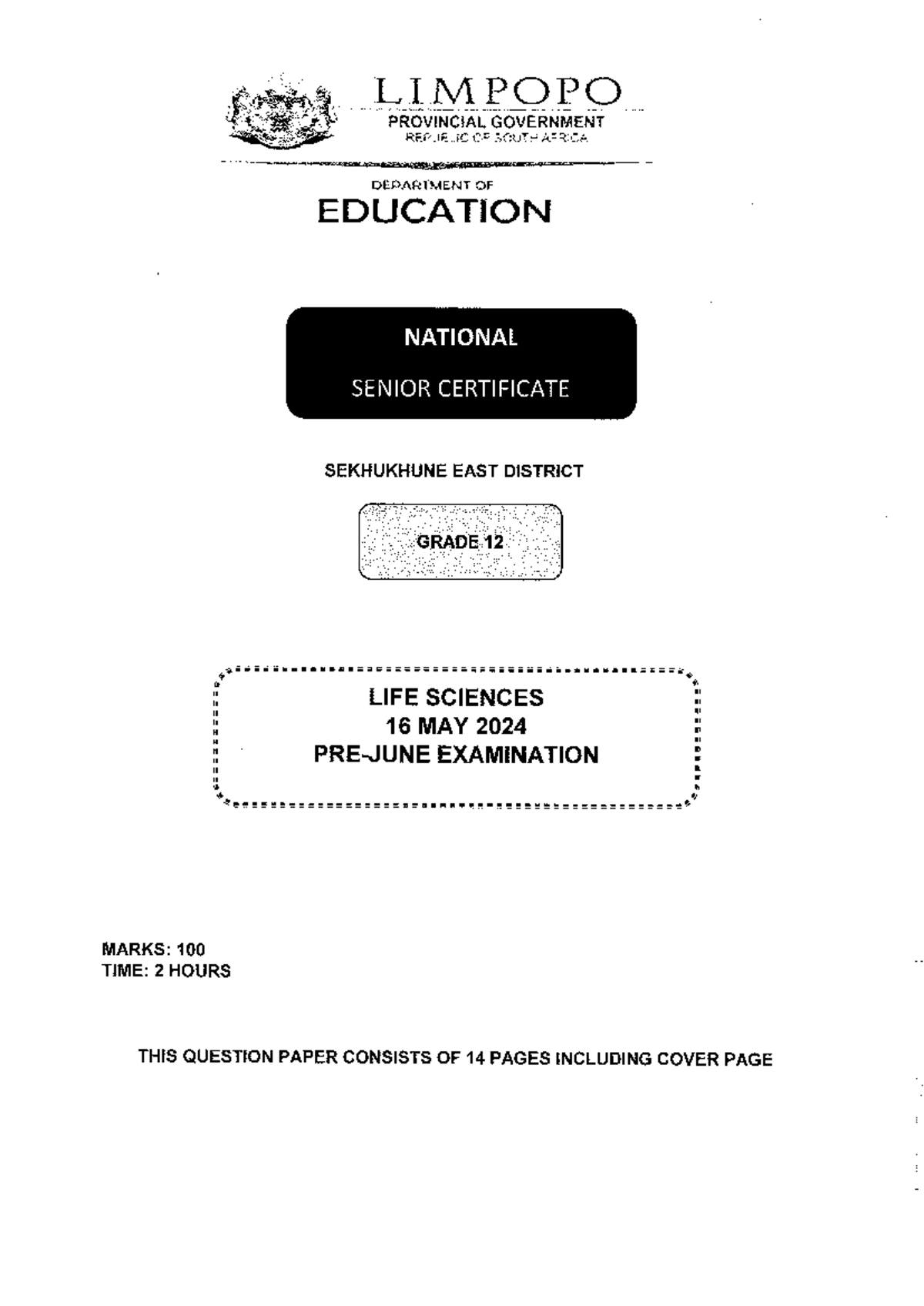 LIFE Sciences PRE-JUNE EXAM Question Paper - HES4812 - Studocu