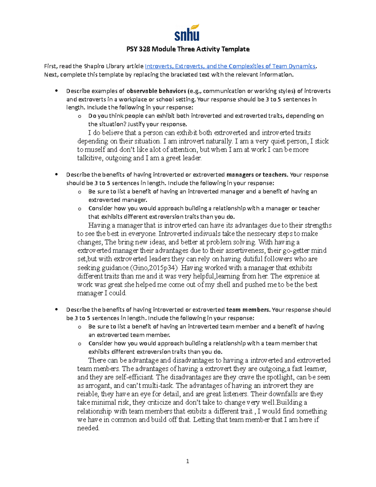 PSY 328 Module Three Activity done - Next, complete this template by replacing the bracketed ...