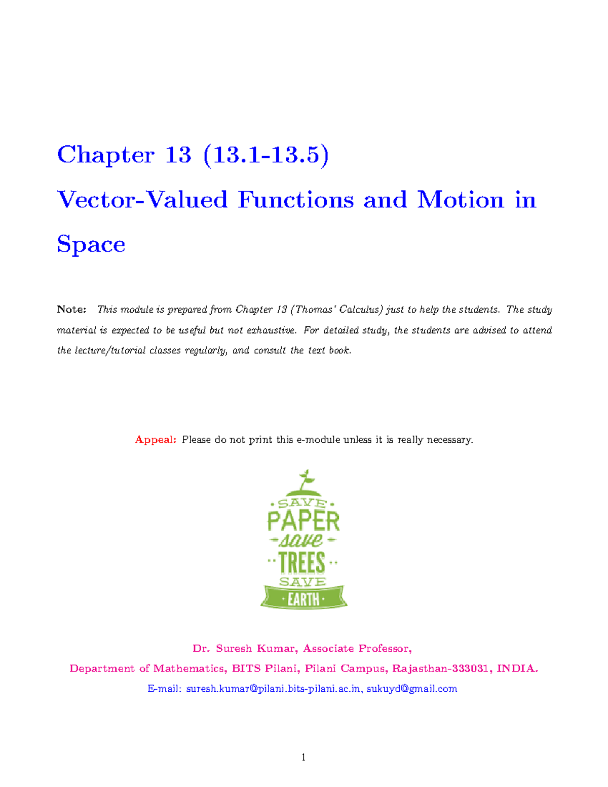 Chap13 vector functions - Chapter 13 (13.1-13) Vector-Valued Functions and Motion in Space Note ...