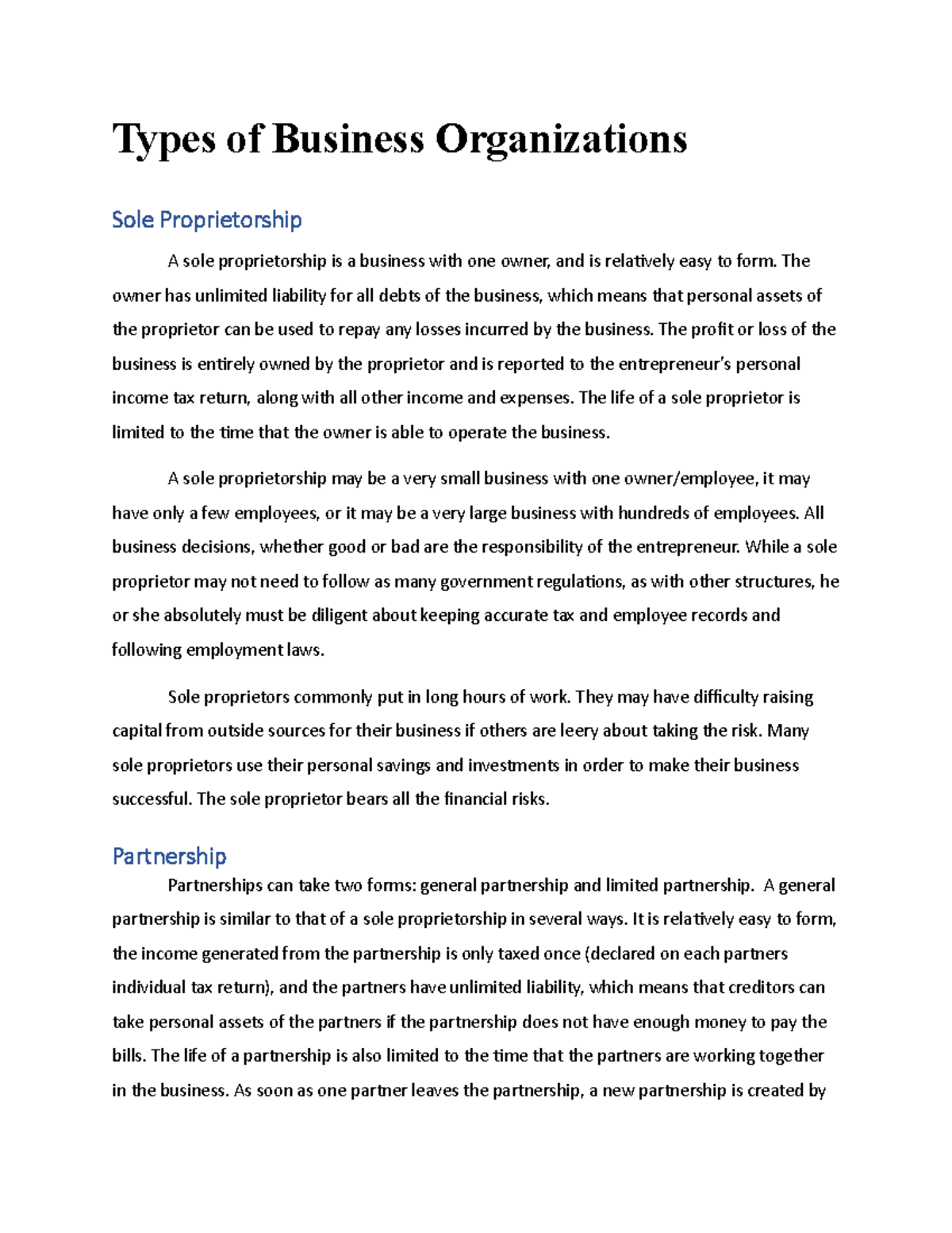 Types of business organizations reading with knowledge check - Types of ...