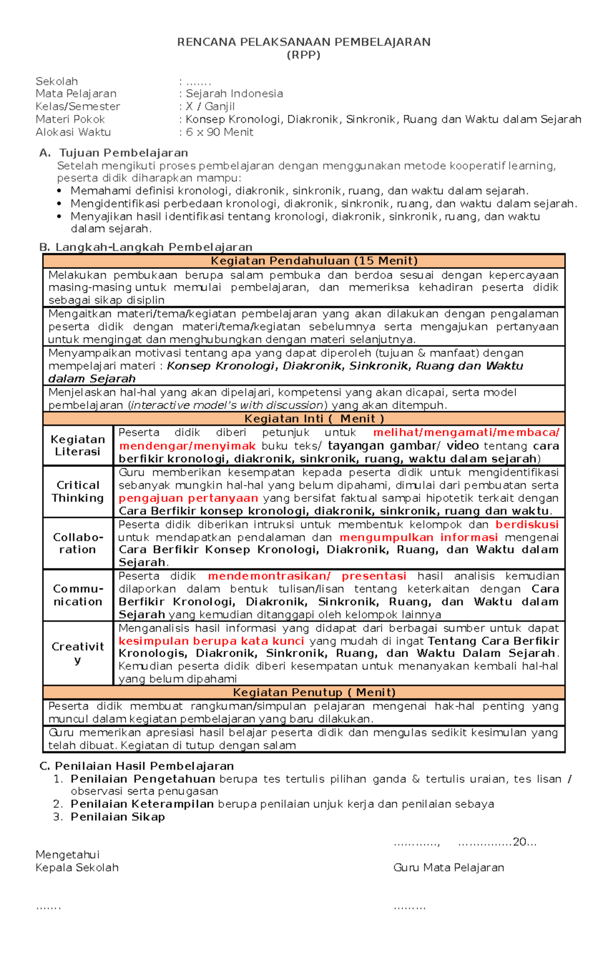 RPP 1 Lembar - RENCANA PELAKSANAAN PEMBELAJARAN (RPP) Sekolah ...