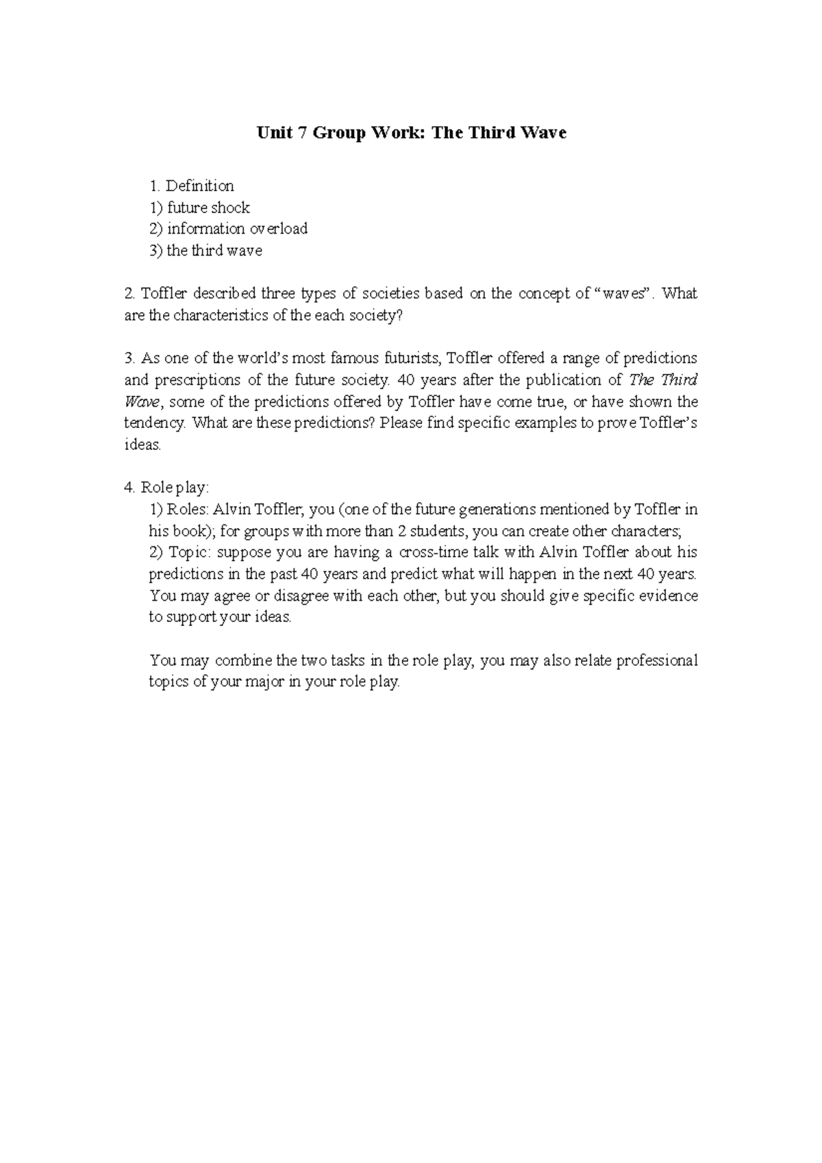 Group work task （the third wave） - Unit 7 Group Work: The Third Wave Definition future shock ...