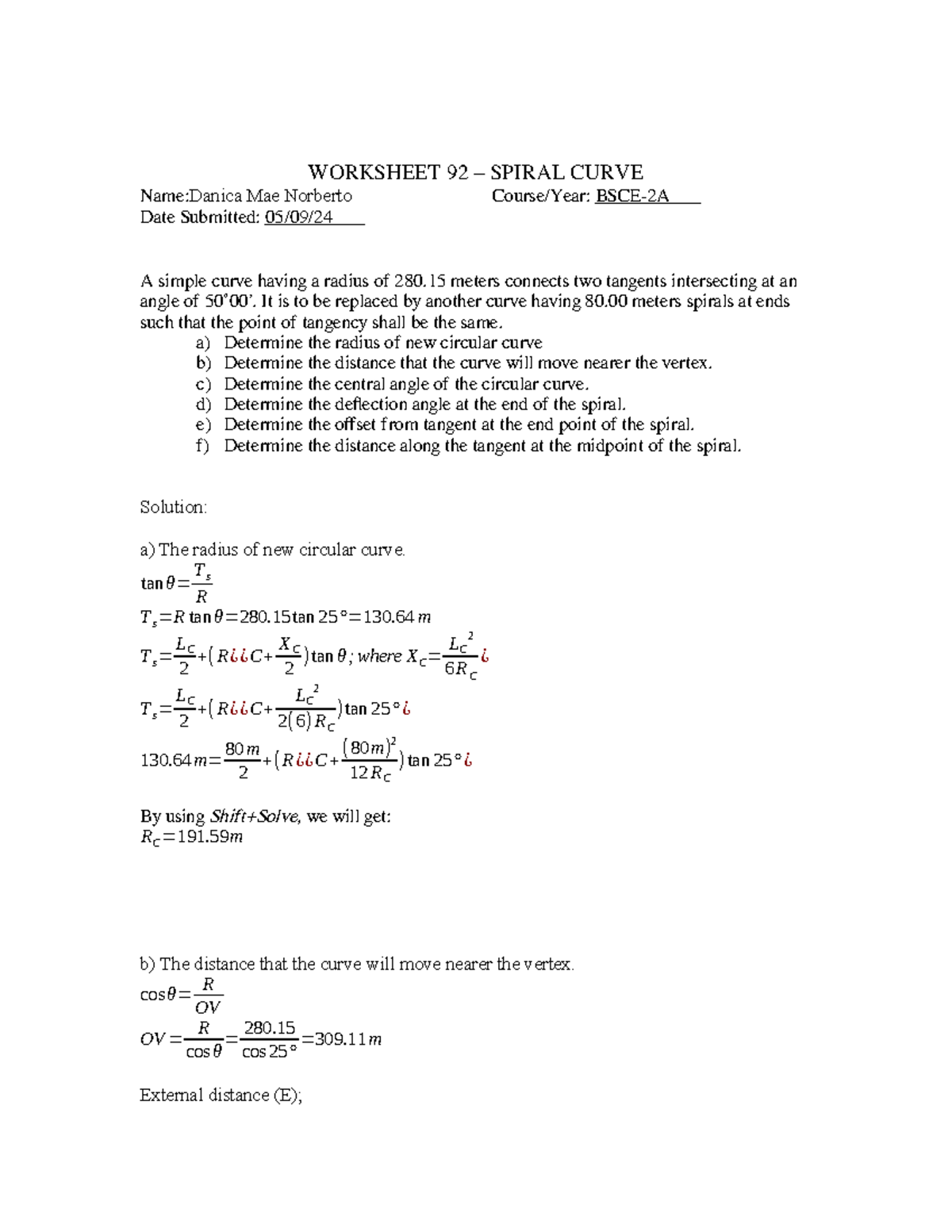 Surveying WS 92-93 - WORKSHEET 92 – SPIRAL CURVE Name:Danica Mae ...