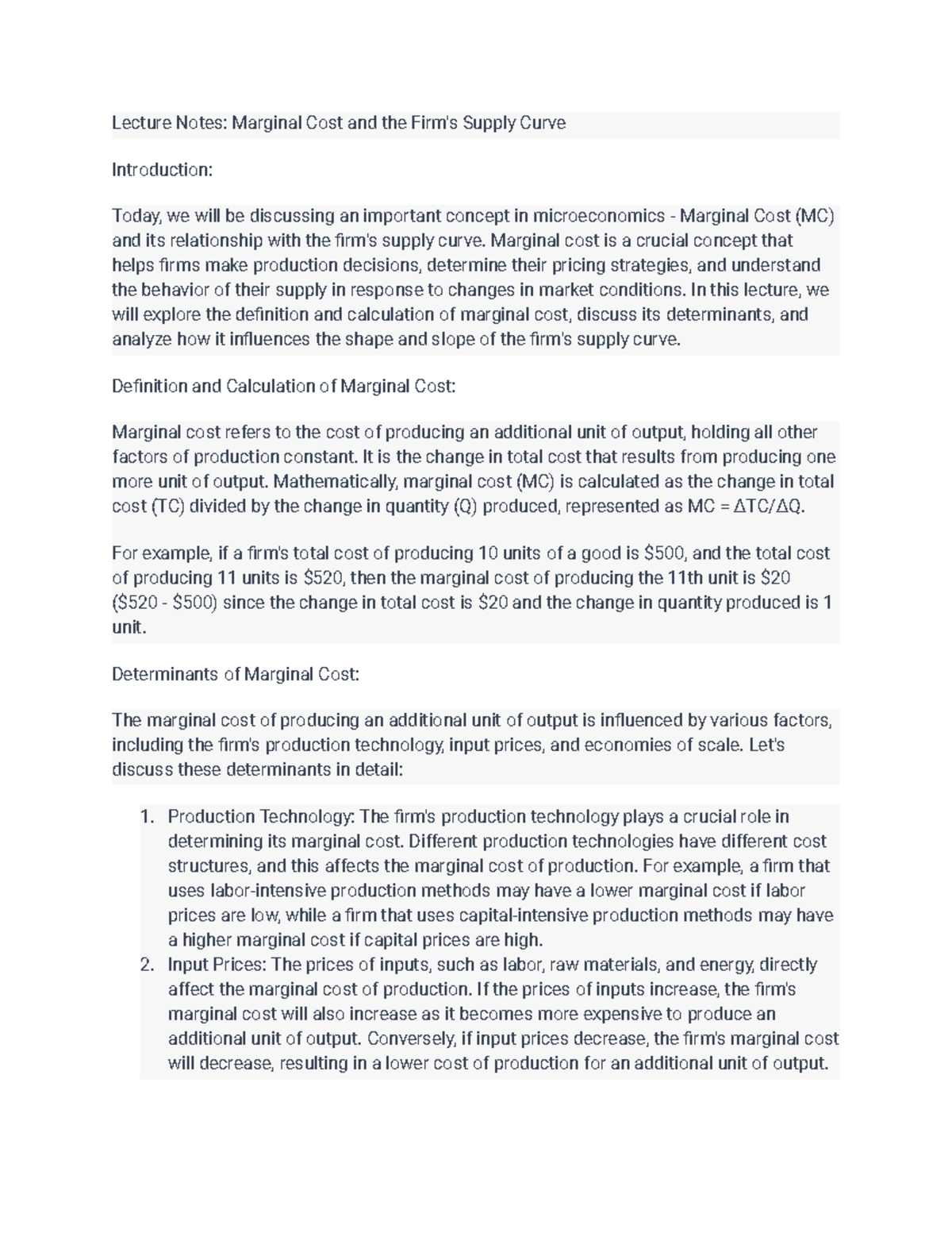 ECON1010 important lecture notes 22 - Lecture Notes: Marginal Cost and ...