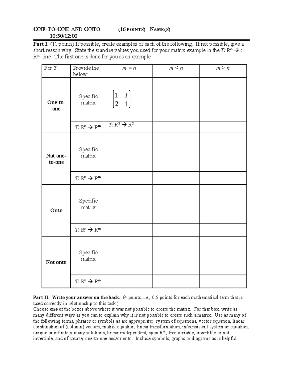 Homework 8 1-1 & onto - hw 8 - ONE-TO-ONE AND ONTO (16 POINTS) NAME(S ...