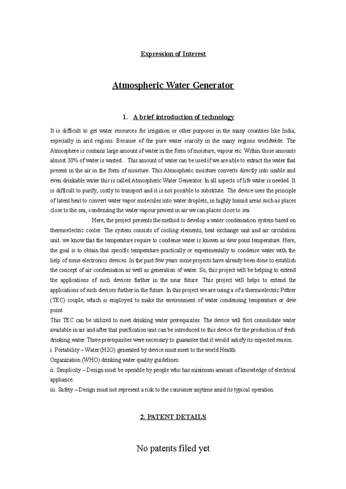 EOI - Expression of Interest Atmospheric Water Generator 1. A brief ...