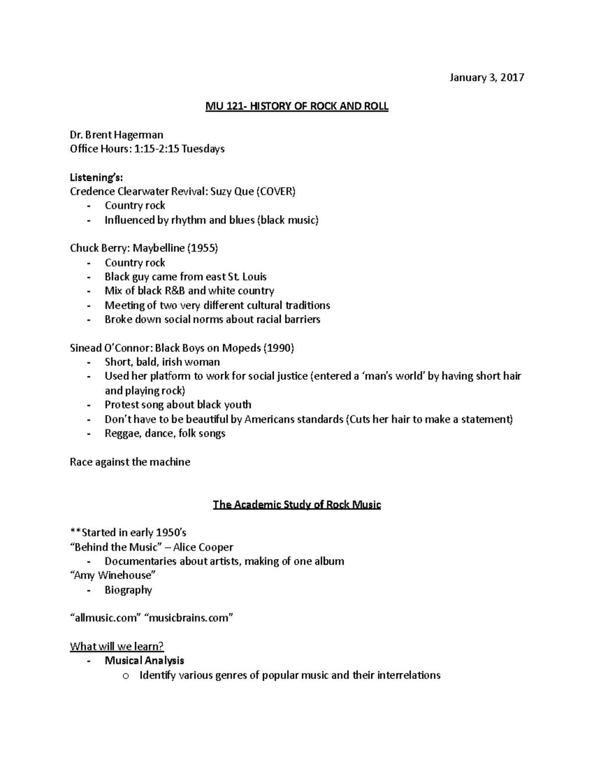 Academic Study of Rock &Song Forms- Jan.3, 5, 10 - January 3, 2017 MU ...
