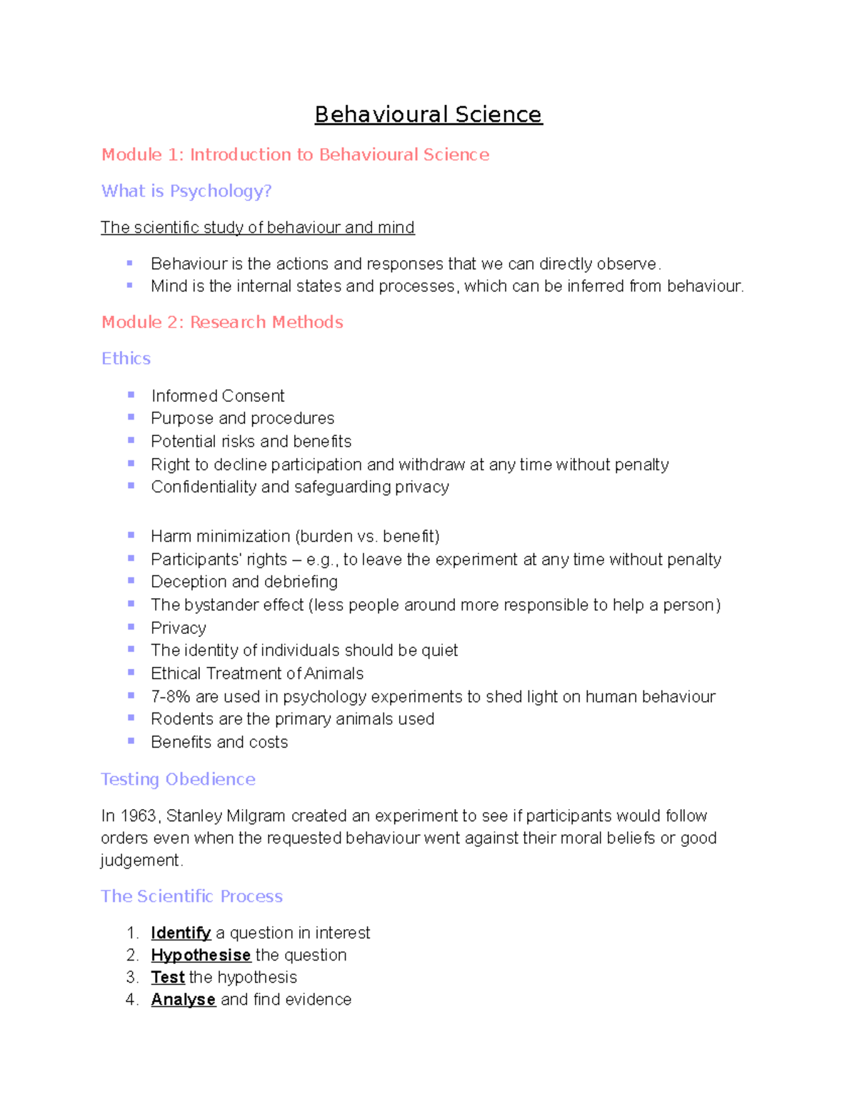 Lecture Notes - Behavioural Science Module 1: Introduction to ...