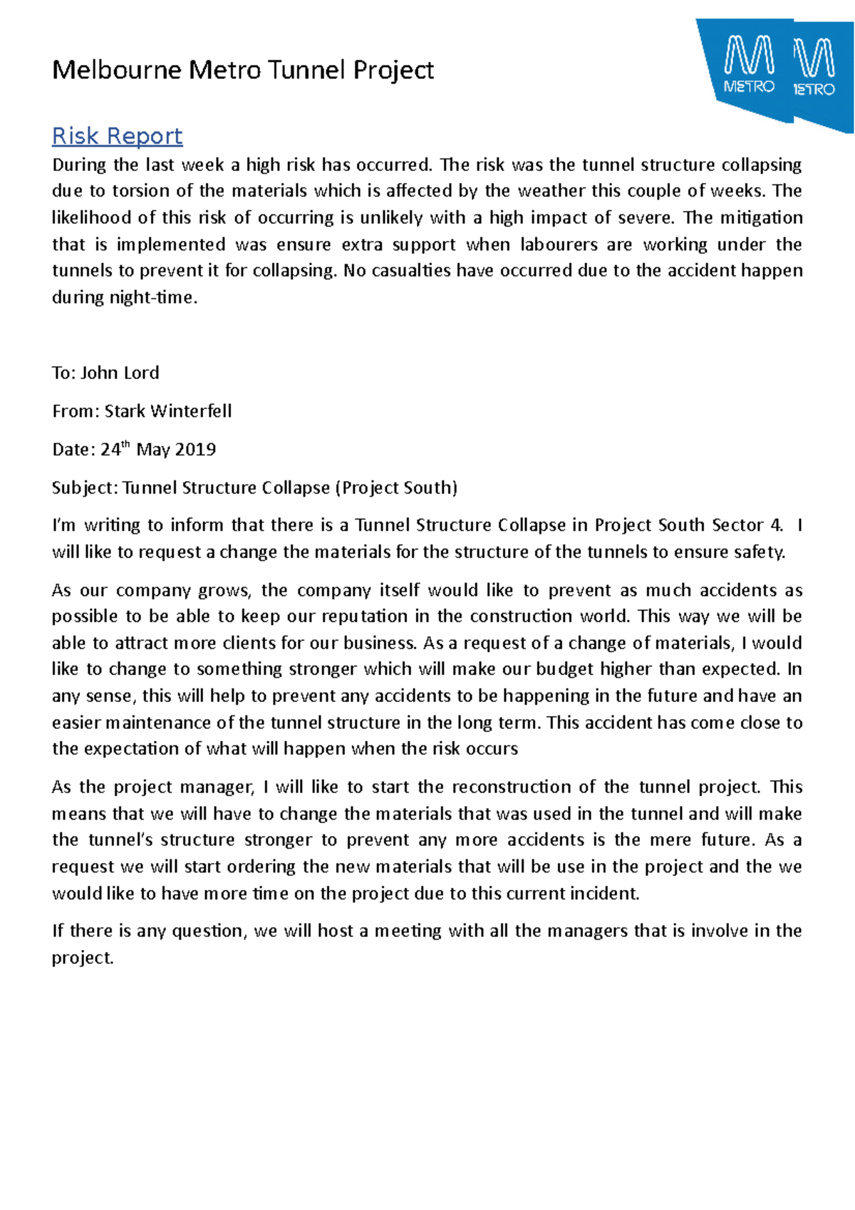 Risk Change - Year 1 Course Assignment 1. Gain HD in the course. Ths is ...