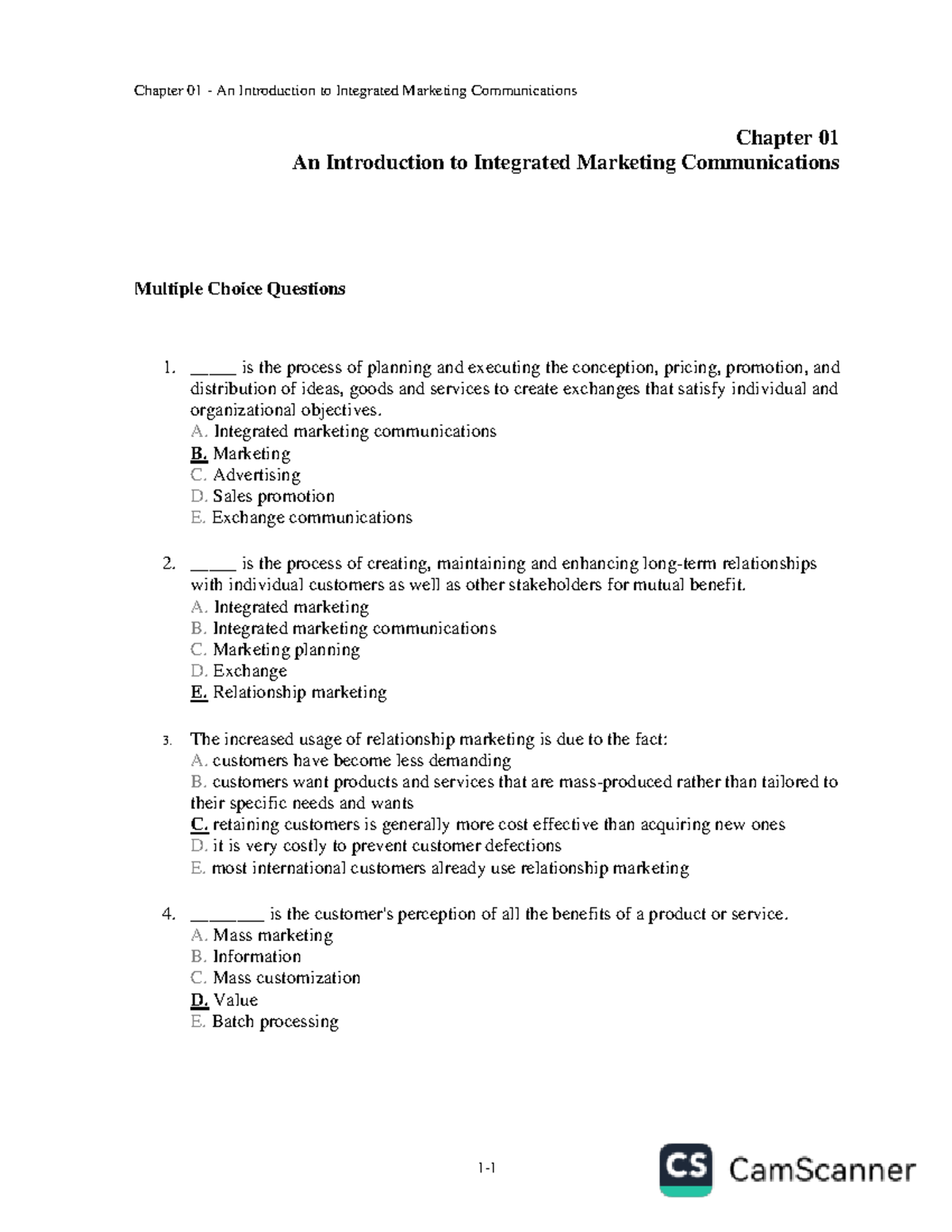 Chap1 ads-1 - Chapter 01 An Introduction to Integrated Marketing Communications Multiple Choice ...